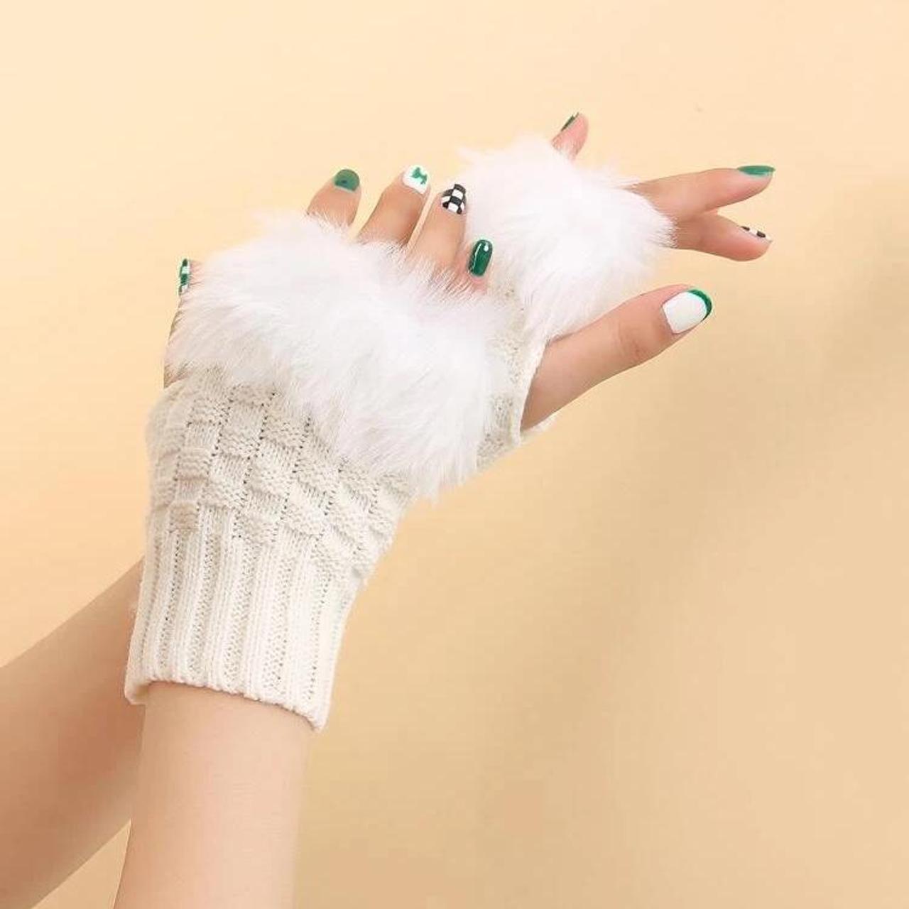 white knit fluffy trim fingerless gloves perfect add... - Depop