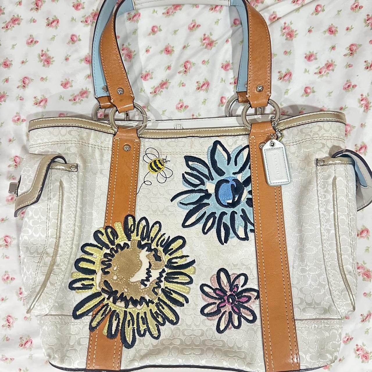White Authentic Coach tote bag with bee and floral... | Depop