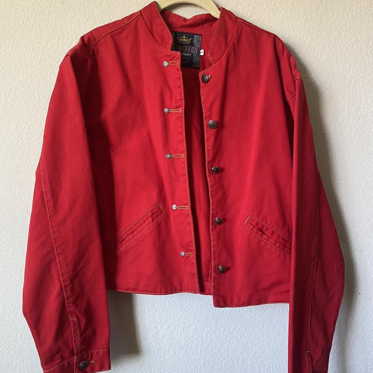vintage italian red canvas jacket. structured fit... | Depop