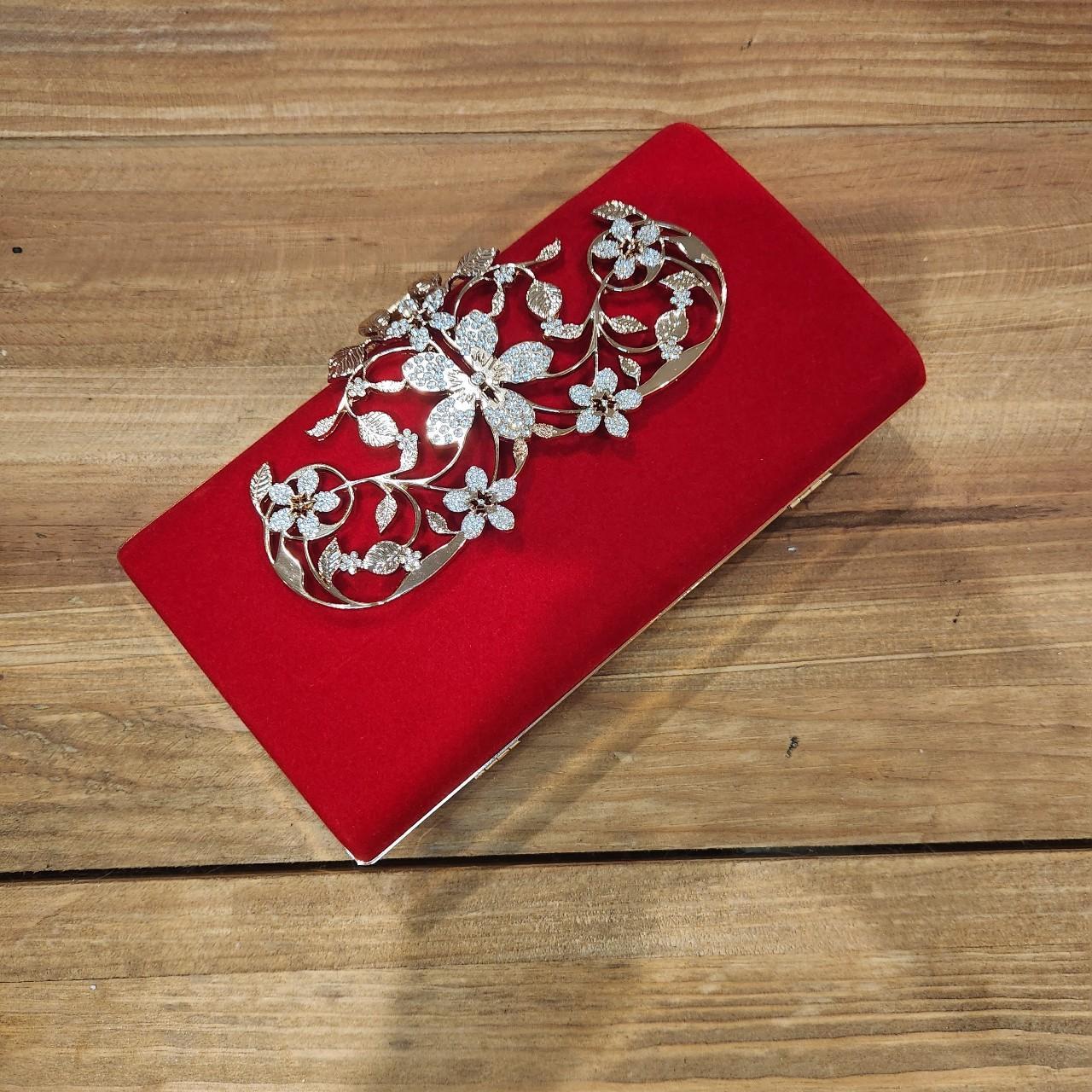 Colette red velvet clutch with gold floral... - Depop