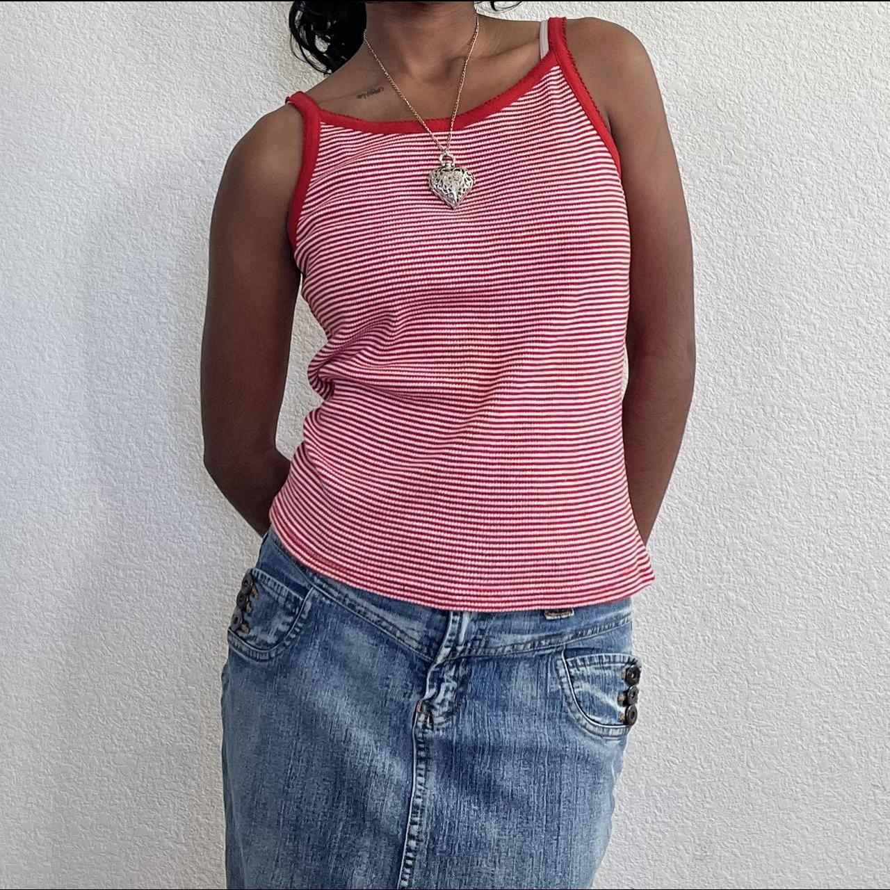 ð Vintage Red White Striped Tank Top With Red Lace Depop