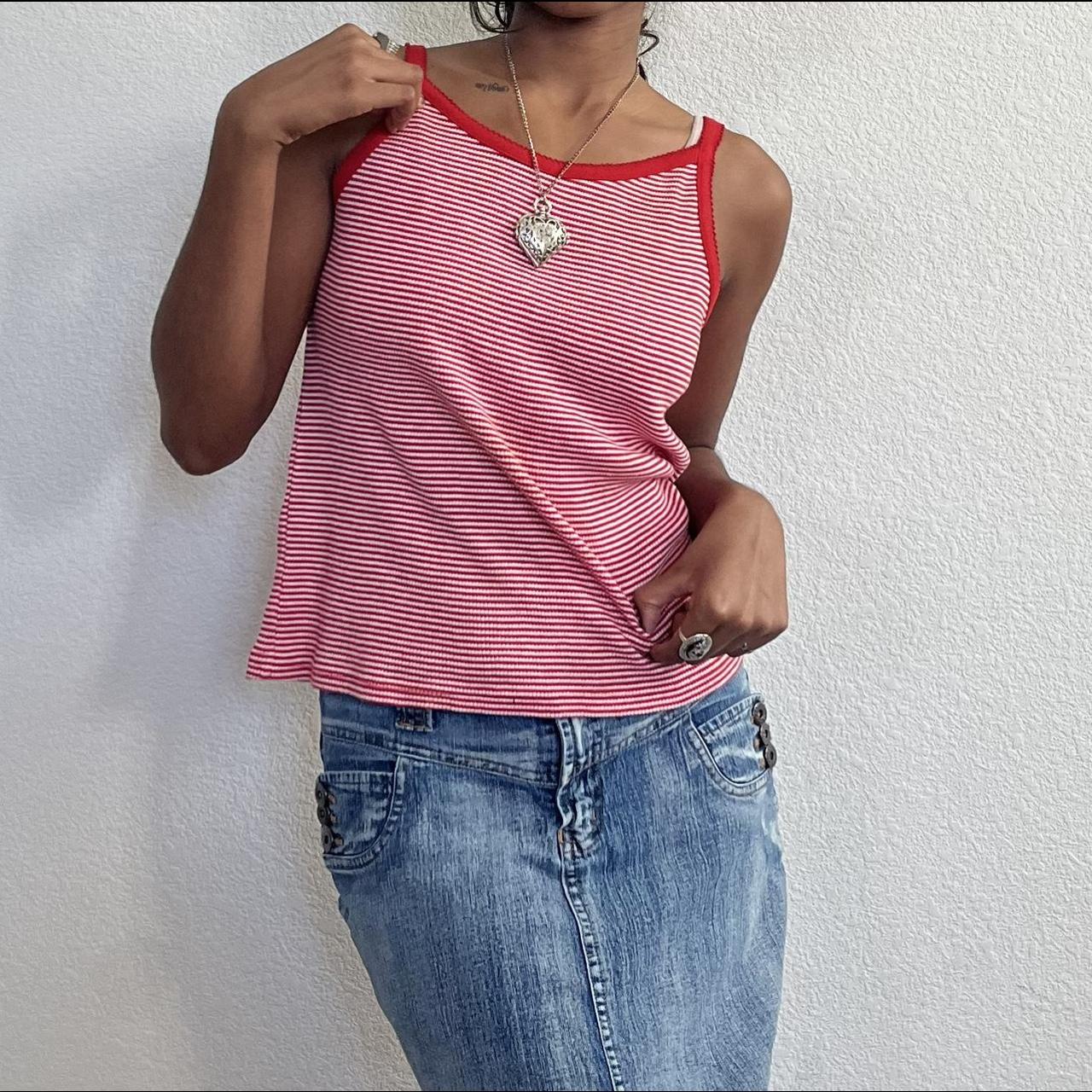 ð Vintage Red White Striped Tank Top With Red Lace Depop