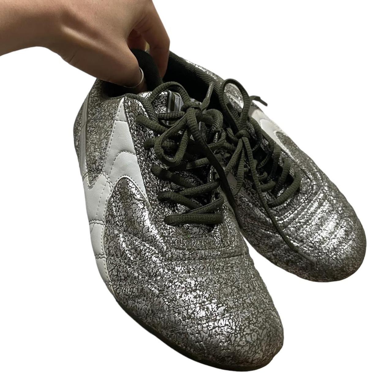 Silver metallic trainers in size womens 8.5! Olive... | Depop