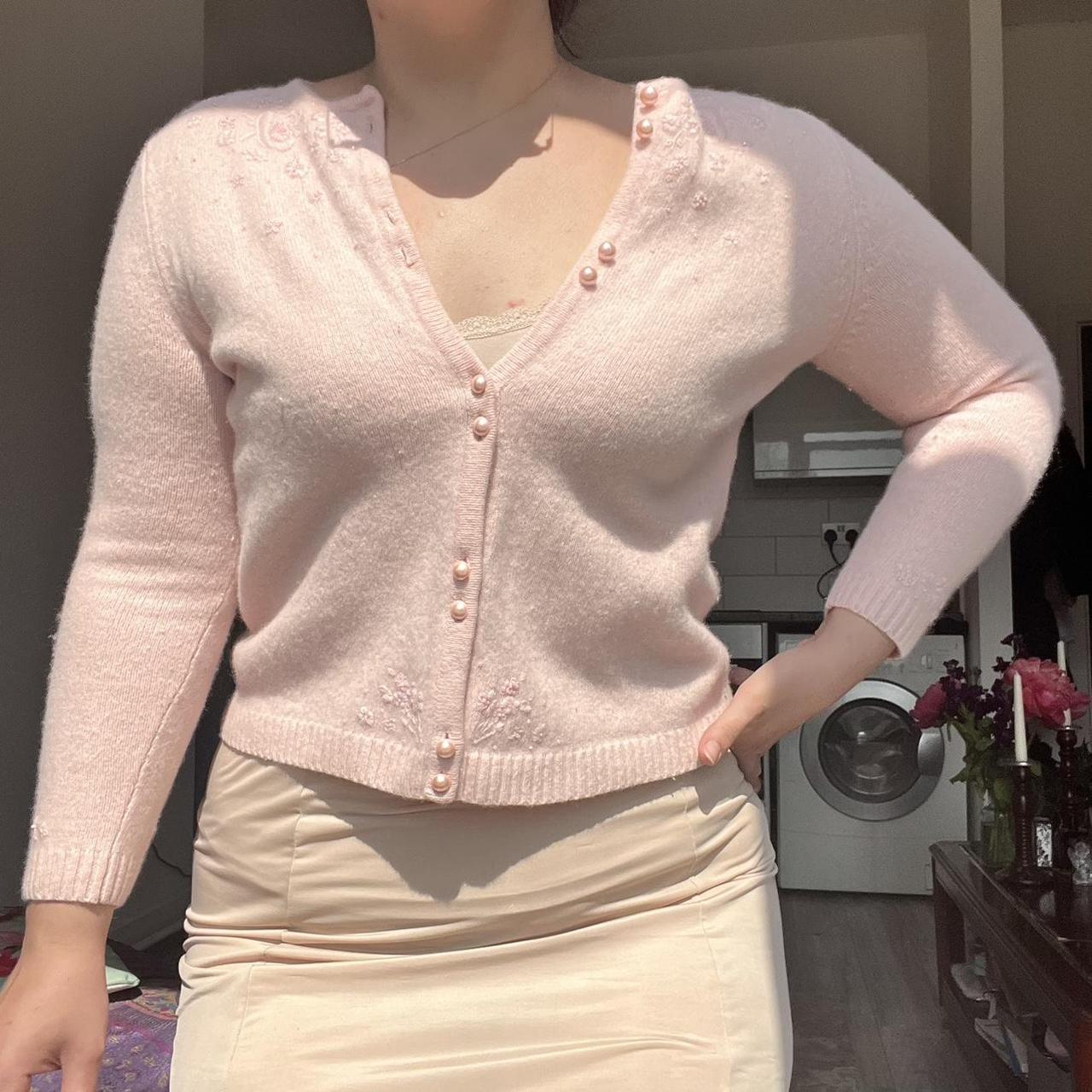 vintage baby pink wool blend cardigan with Pearl... - Depop