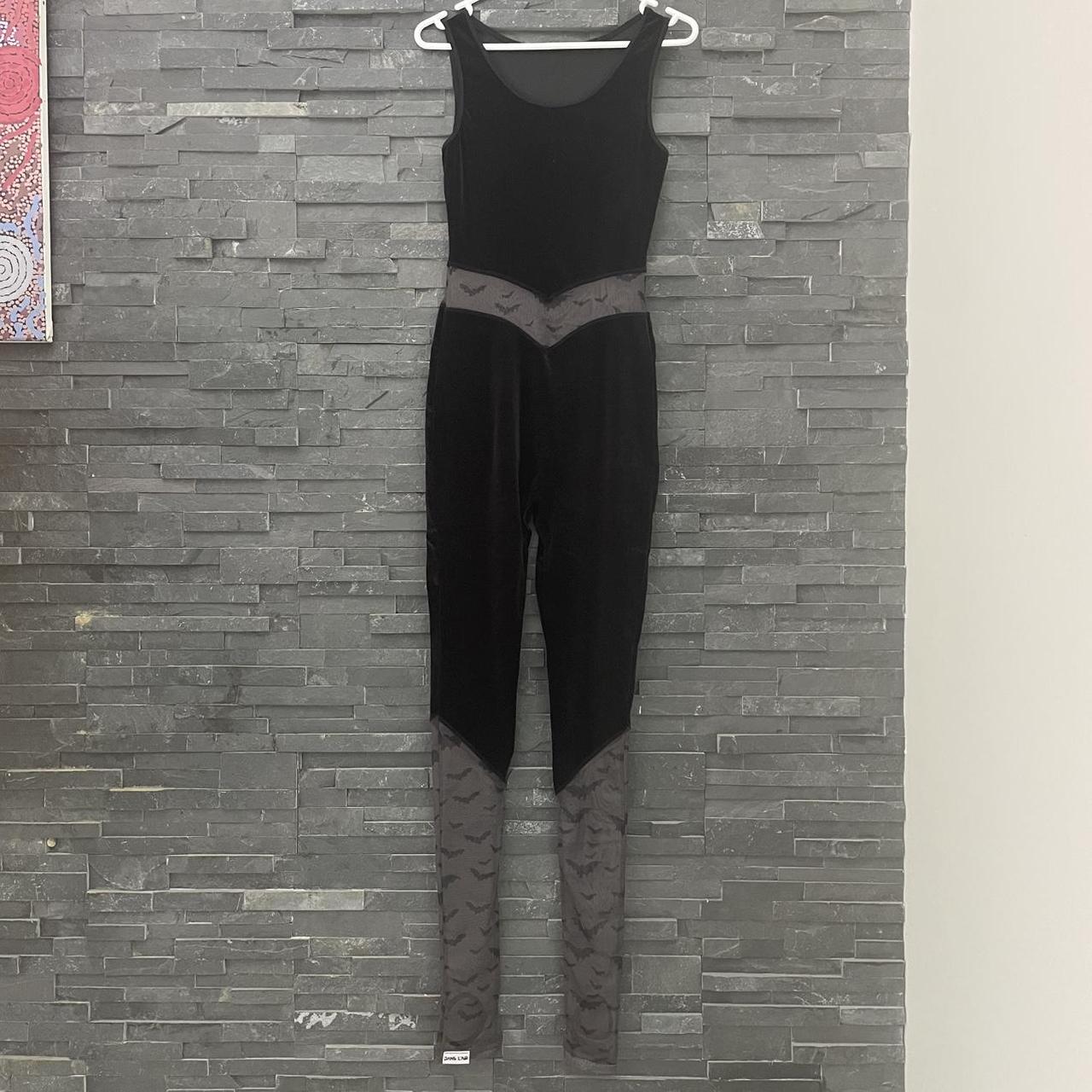 Black velvet unitard with mesh bat panels, full... | Depop