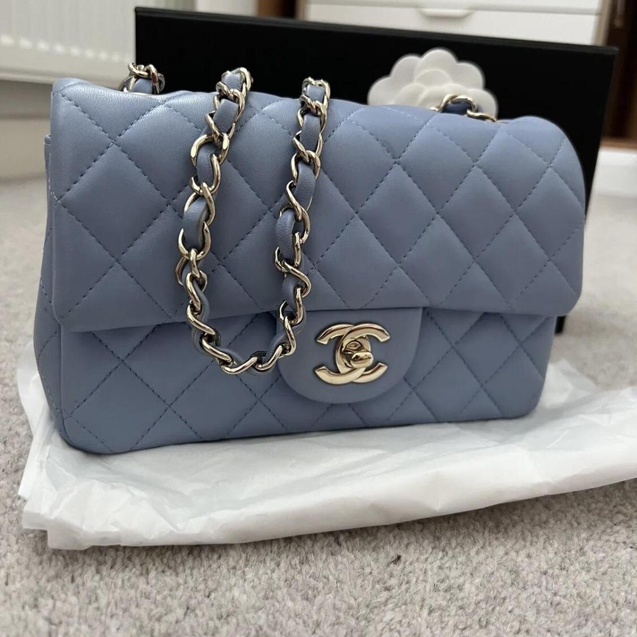 Chanel sky blue mini rectangle flap bag lambskin -... - Depop