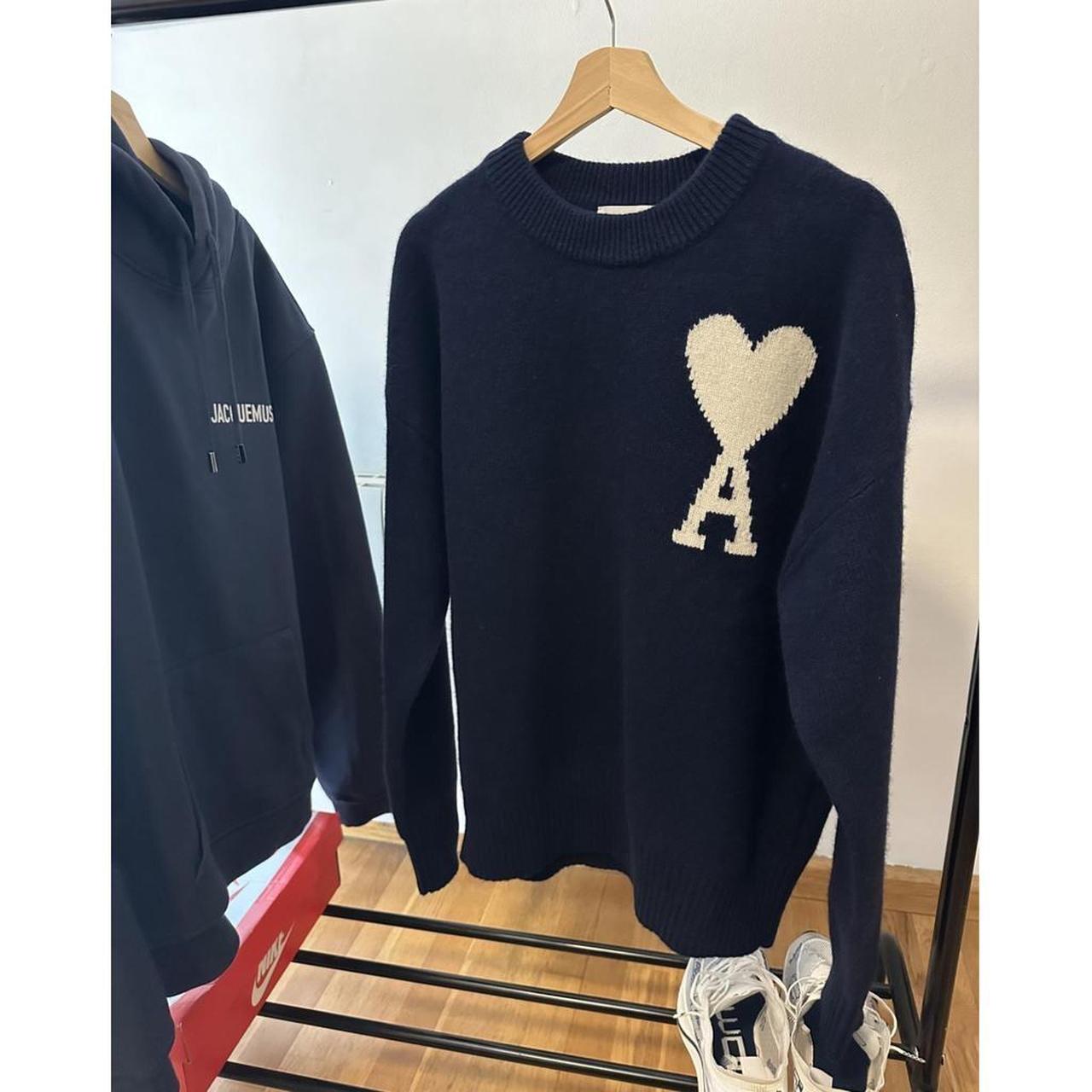 Ami Paris Knitted Jumper Navy & White Worn once Paid... - Depop