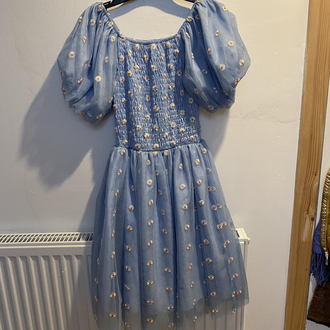 Cute Blue Dress With Embroidered Daisies Worn Once Depop