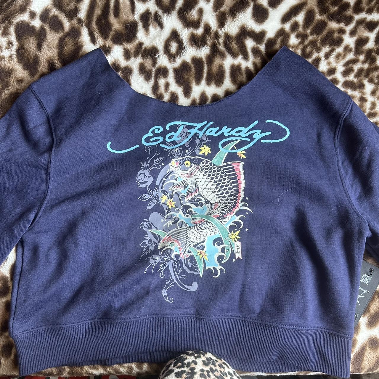 Ed Hardy blue and off the shoulder cropped Size... - Depop