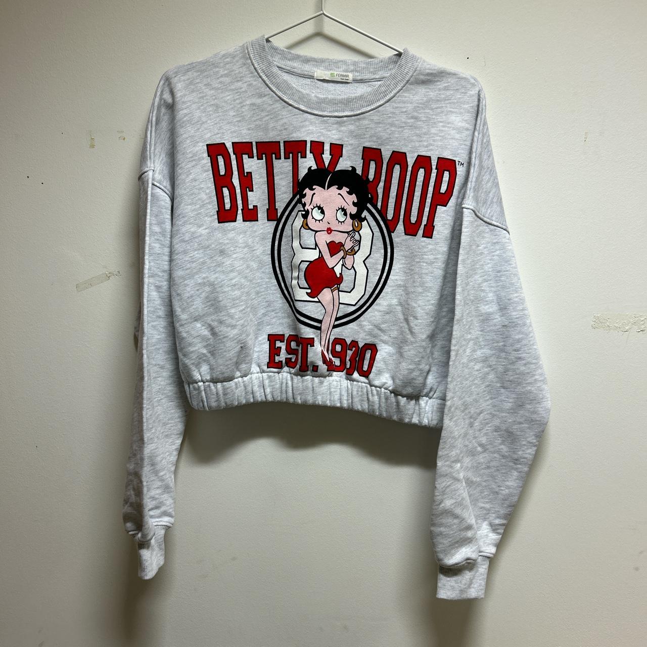 Cropped grey cute Betty Boop sweatshirt, elasticated... - Depop