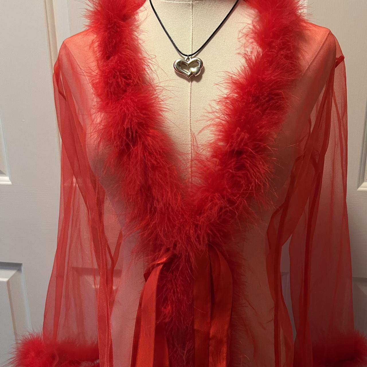 Red feather robe with bow tie #y2k #2000s #mcbling... | Depop