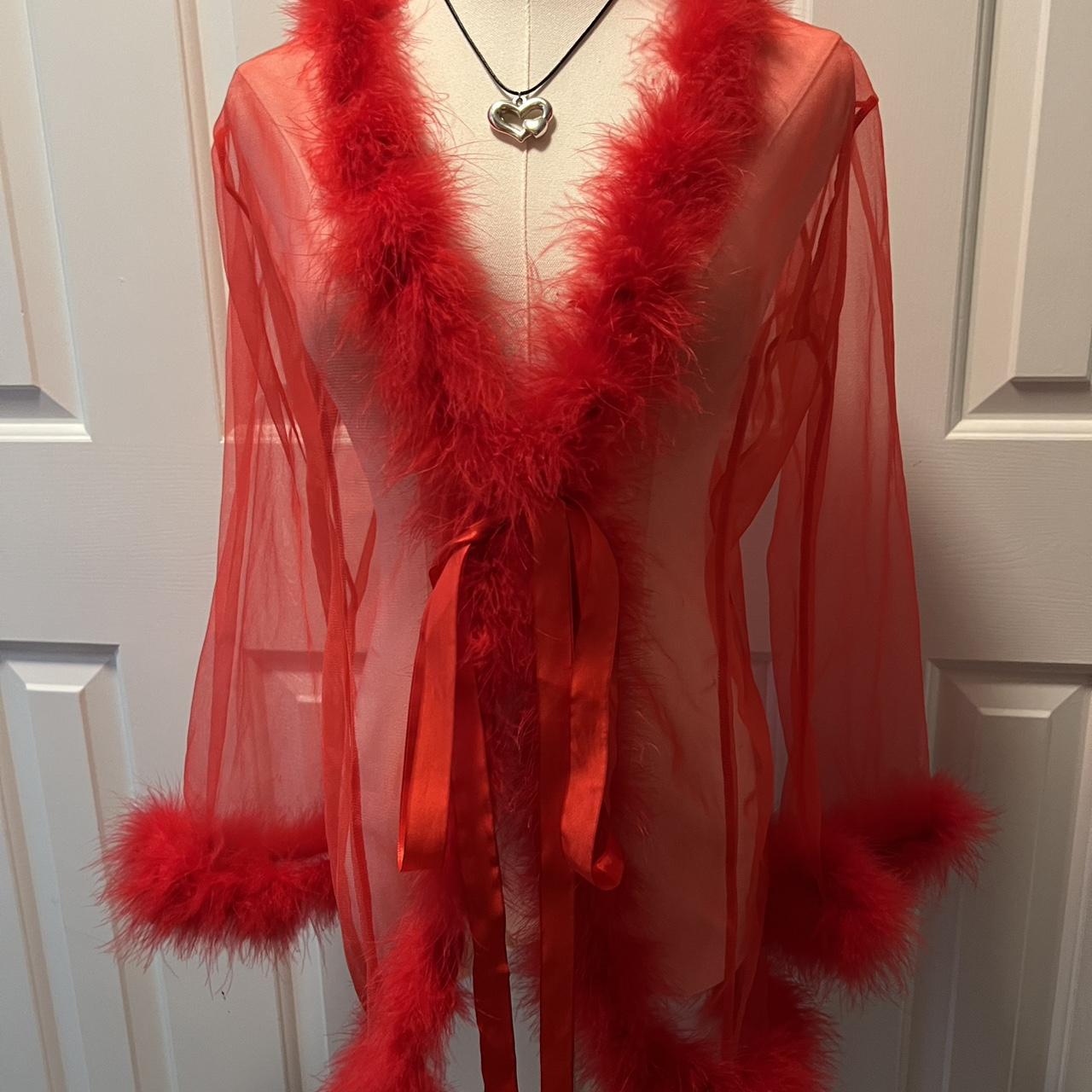 Red feather robe with bow tie #y2k #2000s #mcbling... | Depop