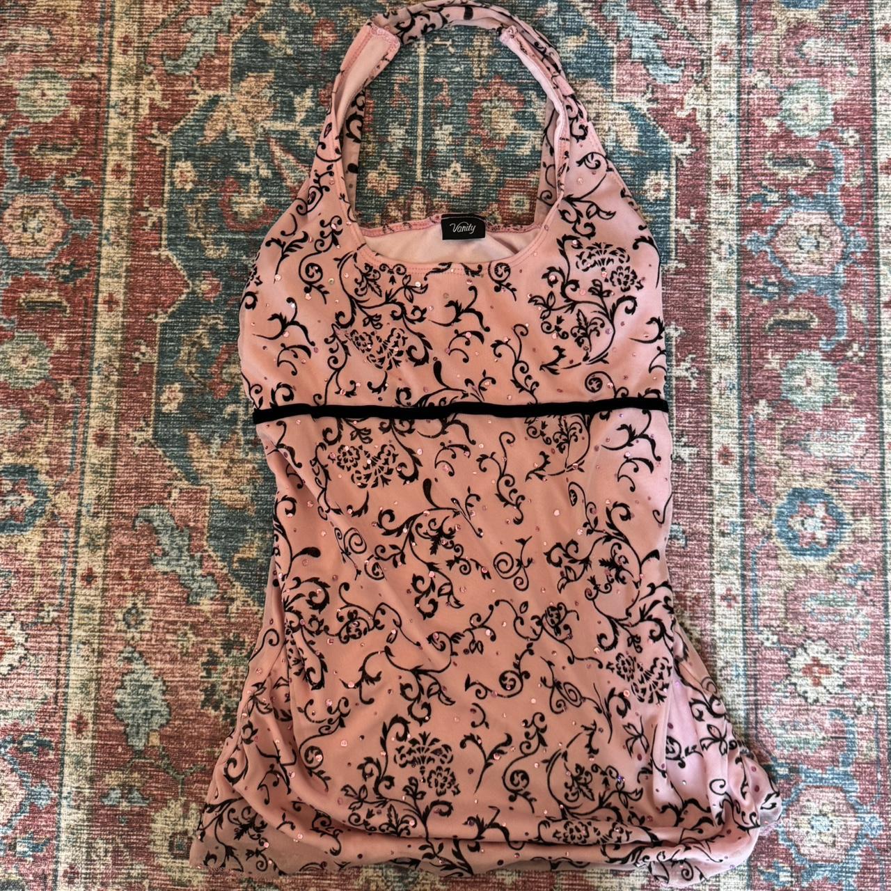y2k pink and black halter top vanity size medium... | Depop