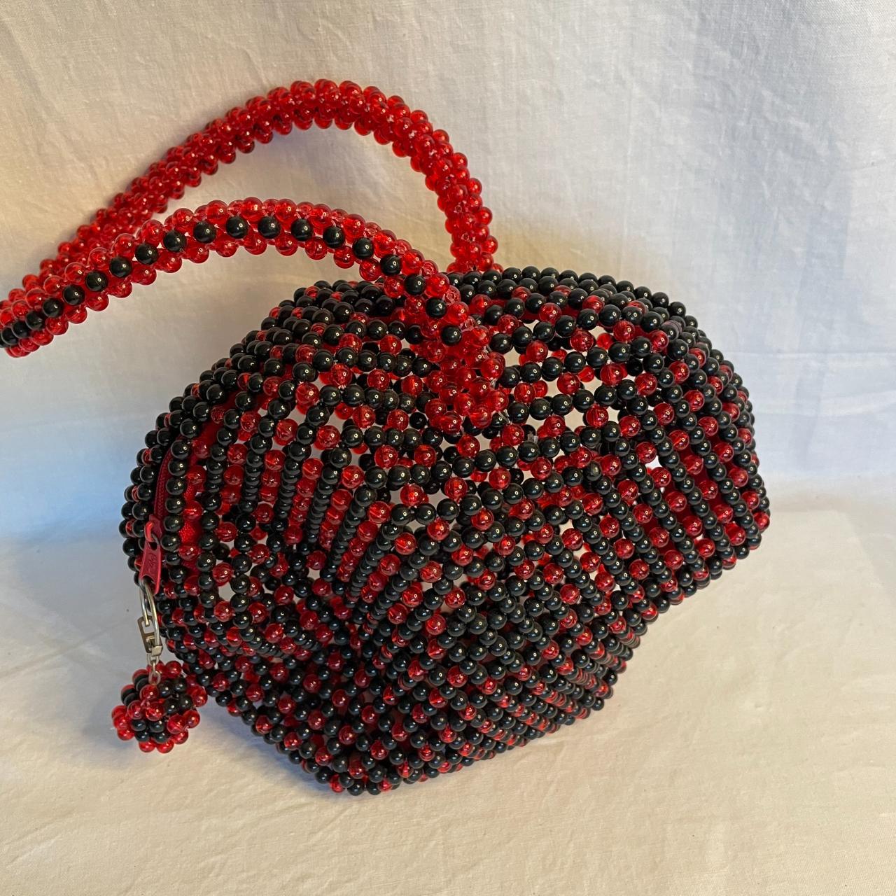 Red and black round beaded bag Beaded dice on... - Depop