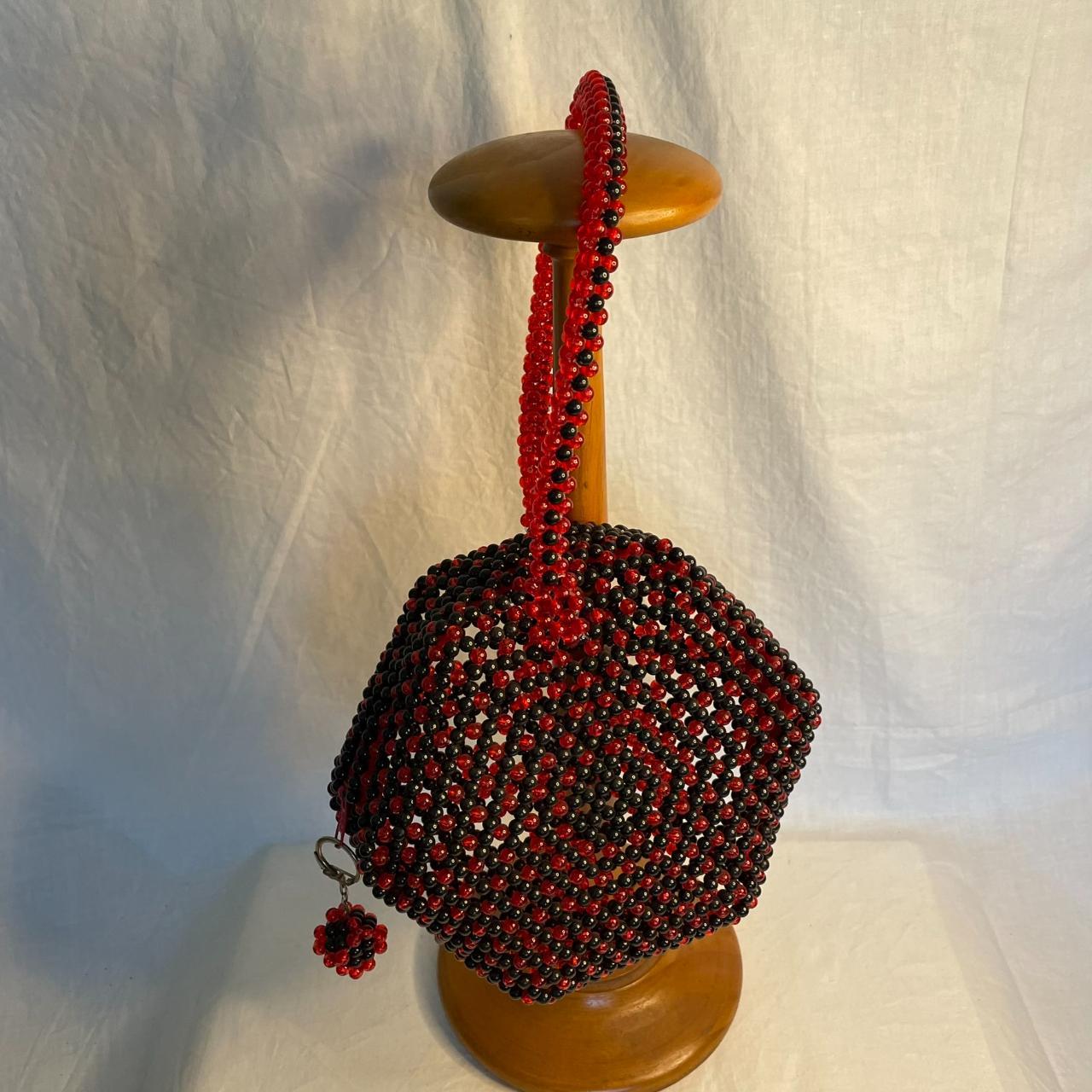 Red and black round beaded bag Beaded dice on... - Depop