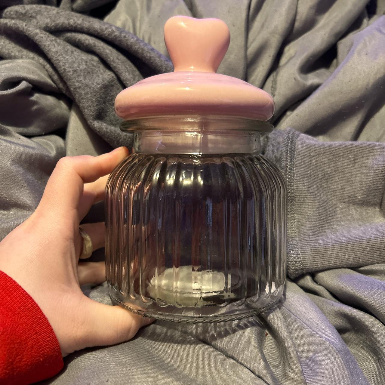 pink heart lid glass container used as decor - Depop