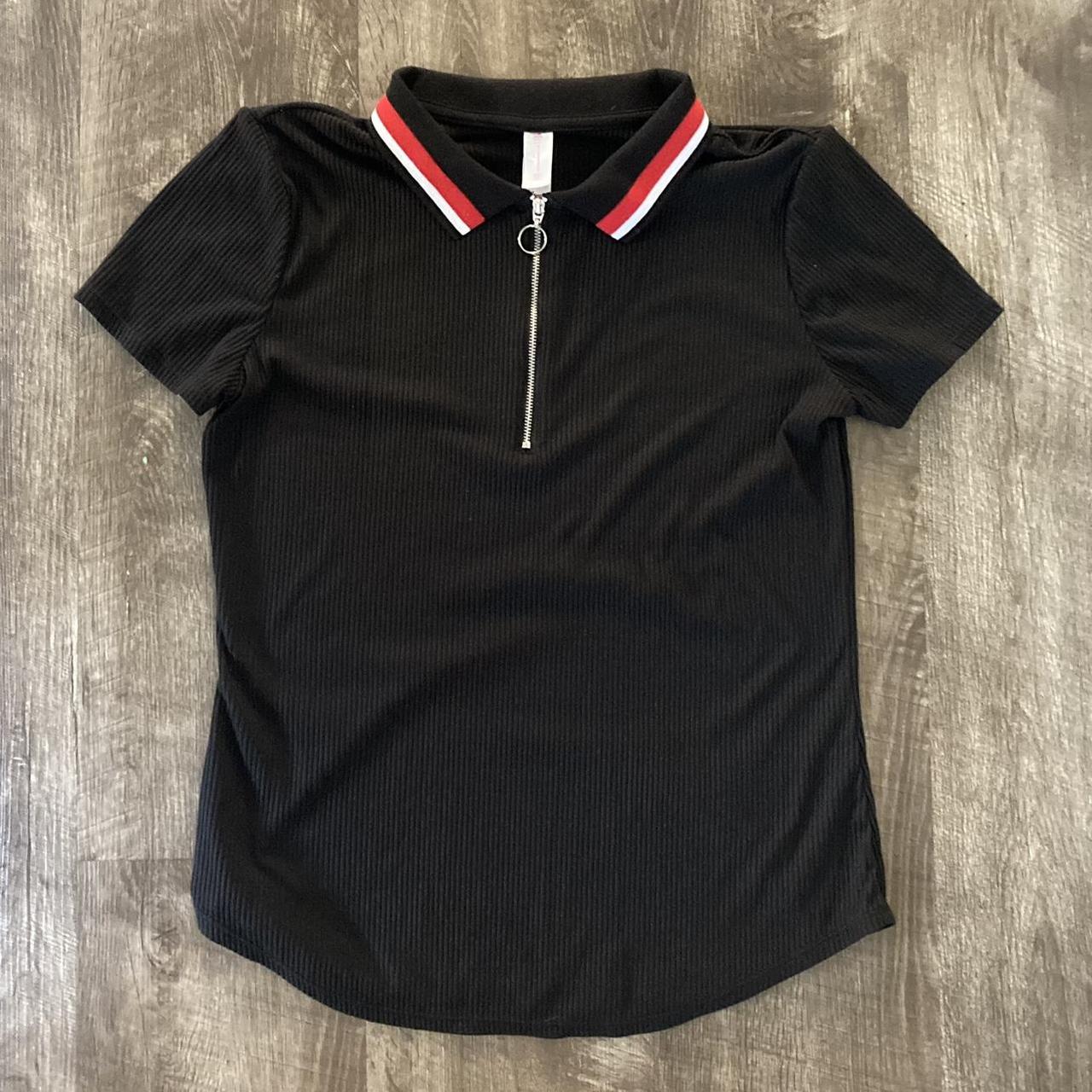 Black knit quarter zip polo with striped red and... - Depop