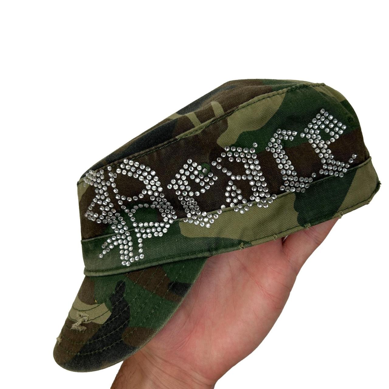 Y2K Camo Rhinestone Peace Military Hat Excellent... | Depop