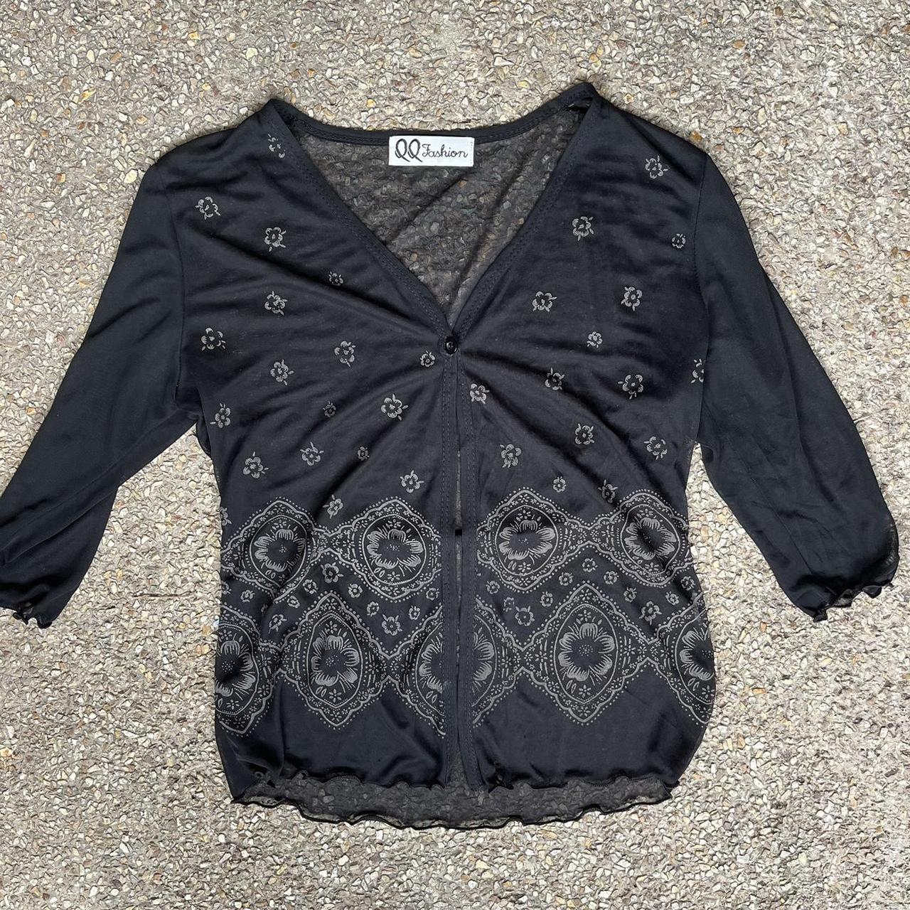 Black sheer see through mesh single button cardigan... - Depop