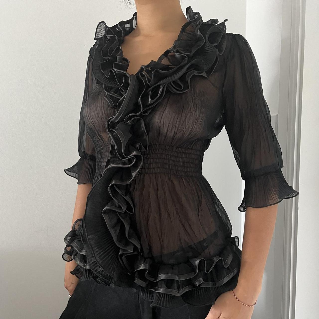 Black see through sheer blouse with 3/4 sleeve and... - Depop
