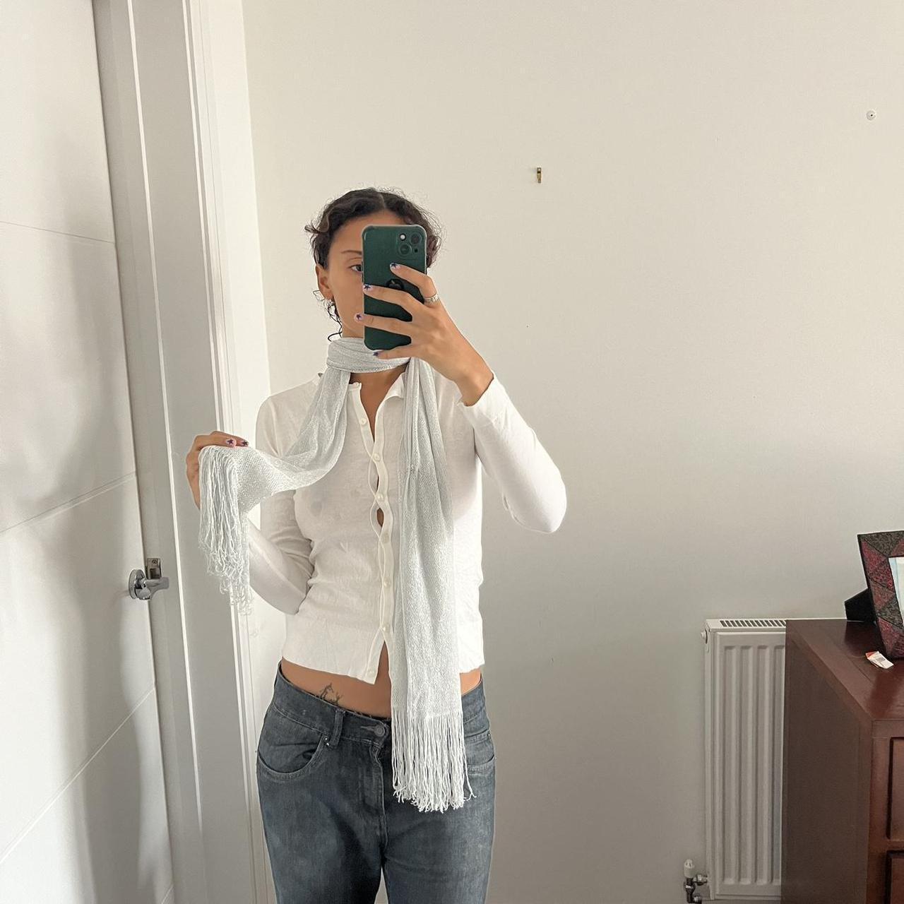 Metallic silver wide mesh scarf with tassels, bit... - Depop