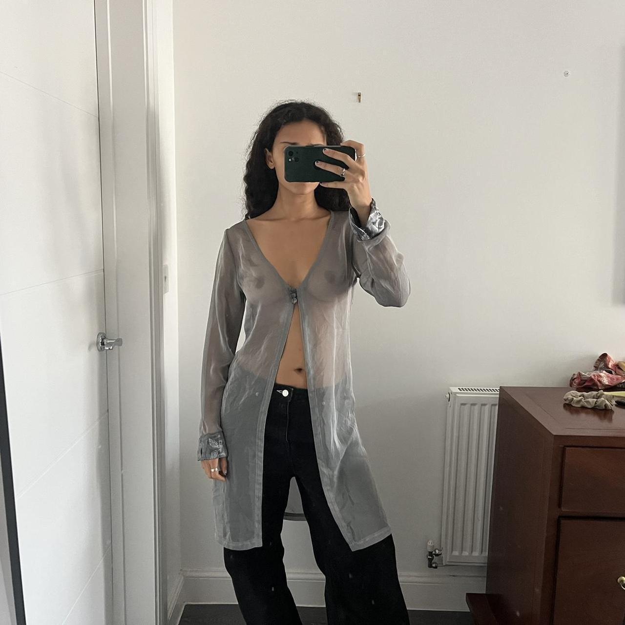 Grey metallic sheer long cardigan. Sheer see through... - Depop