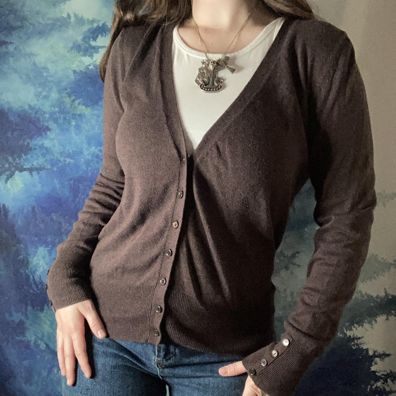 Brown v neck cardigan with button details, from... - Depop