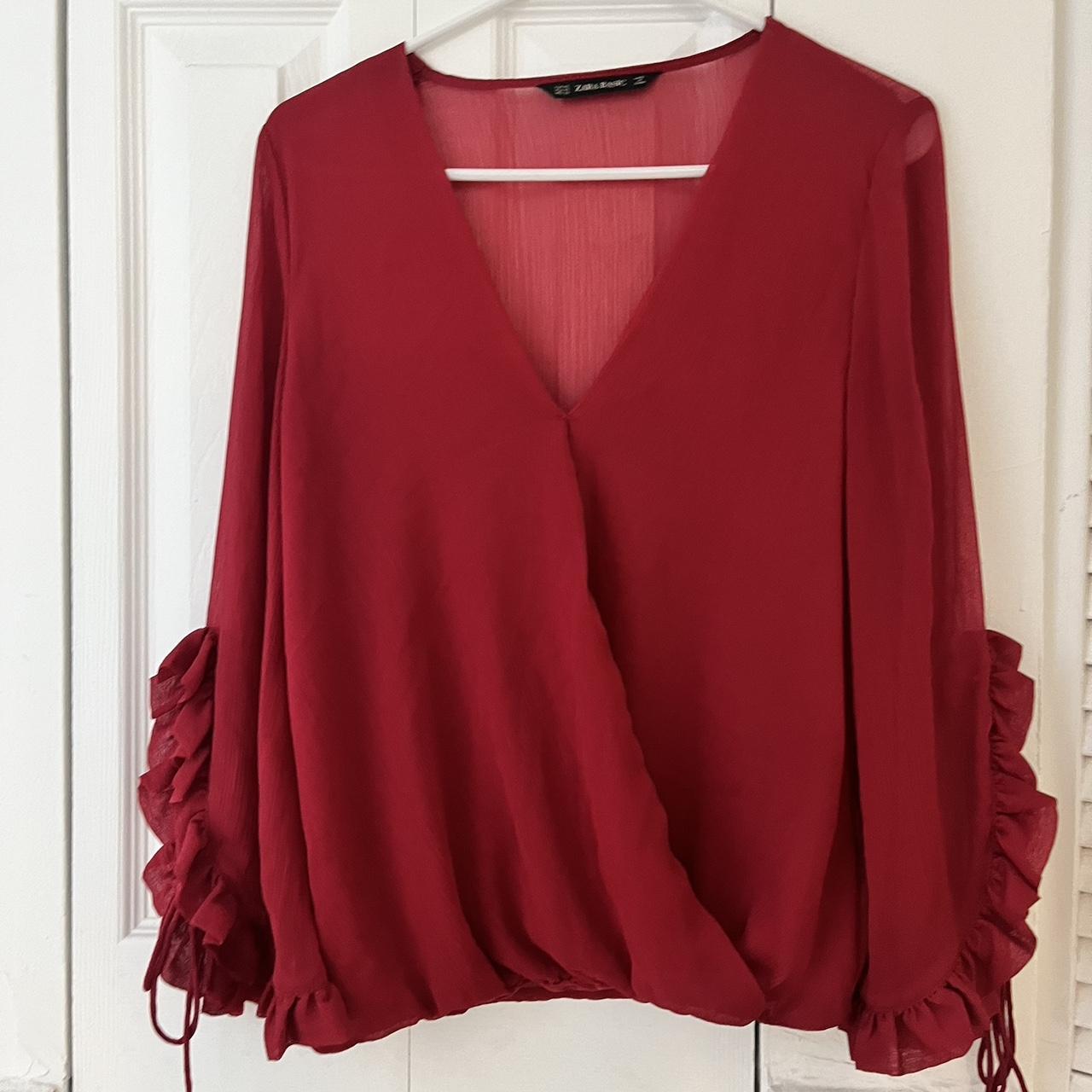 Zara semi sheer v-neck blouse with long ruffled... - Depop
