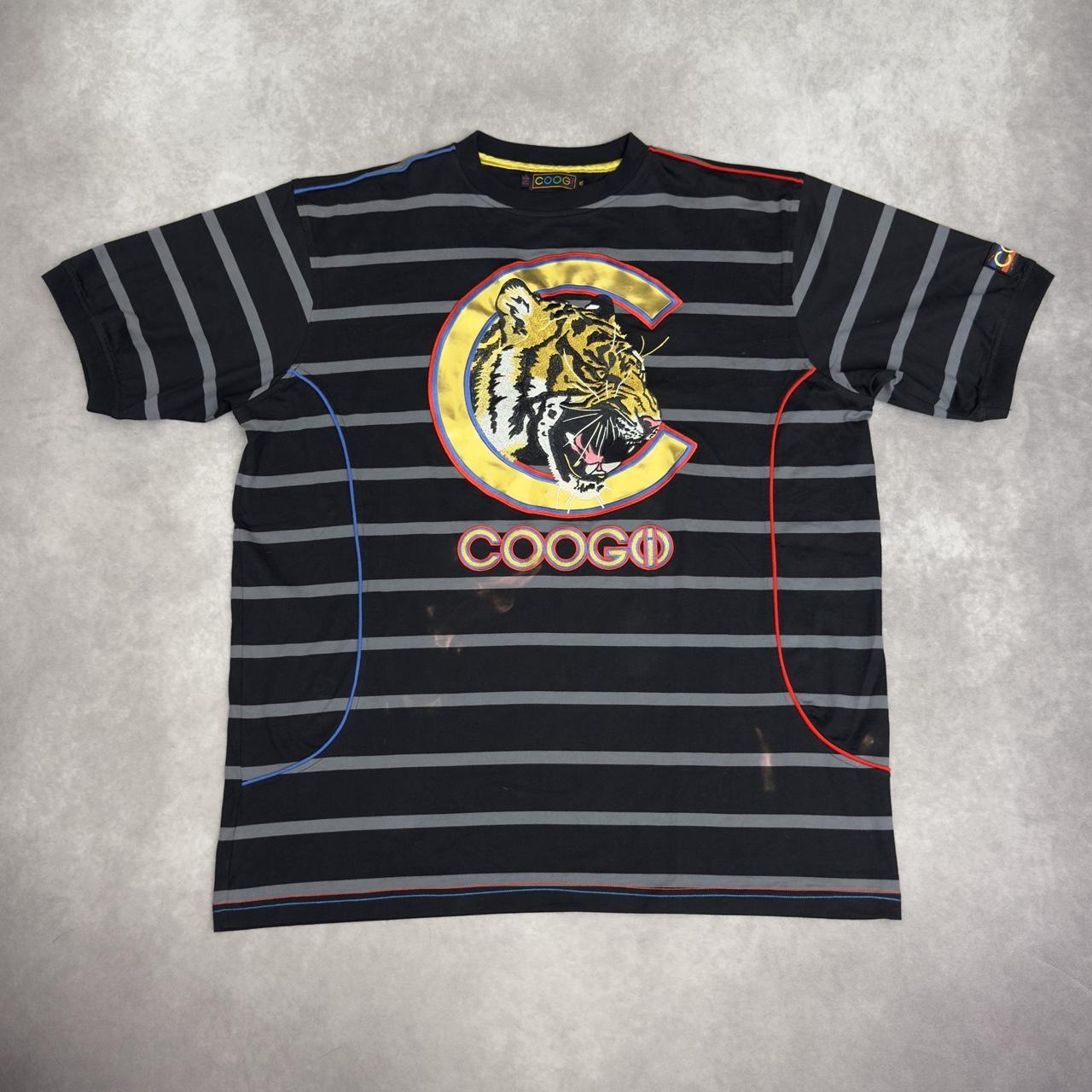 - Y2K Coogi Logo Tiger Embroidered Striped Tee •... | Depop