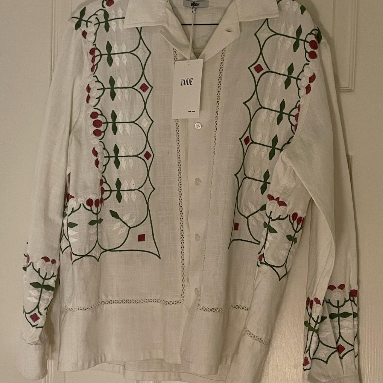 Bode Shirt Green and Pink Embroidery Size #bode... - Depop