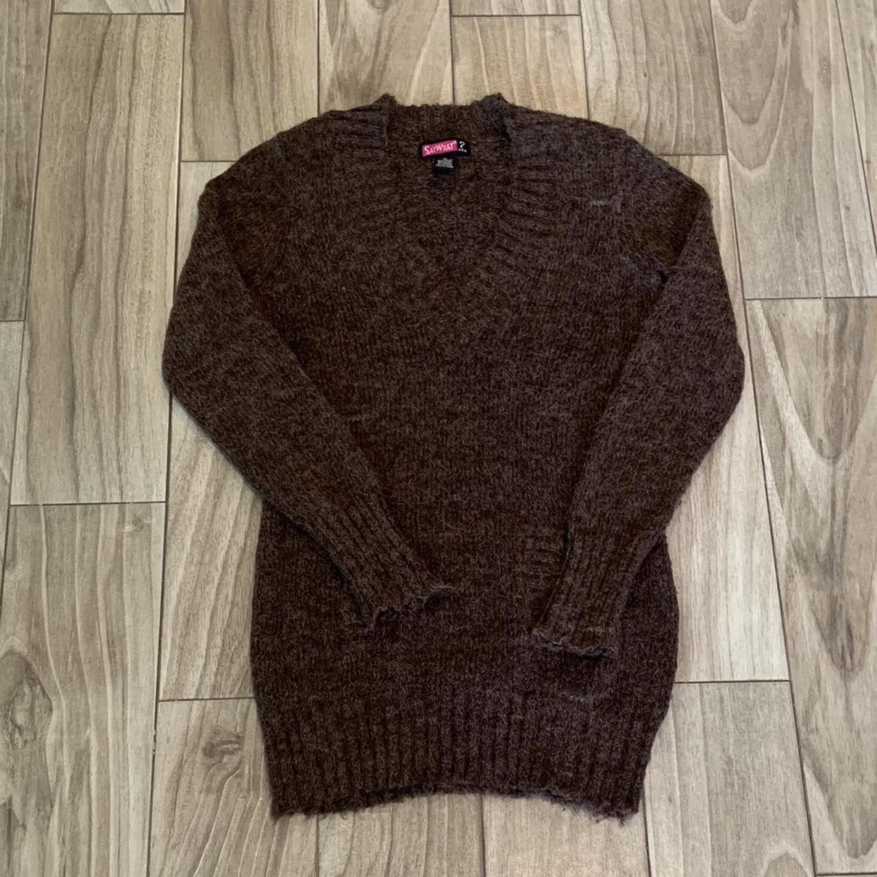 XL Brown V Neck Sweater Pouch Mohair Like Chest:... - Depop