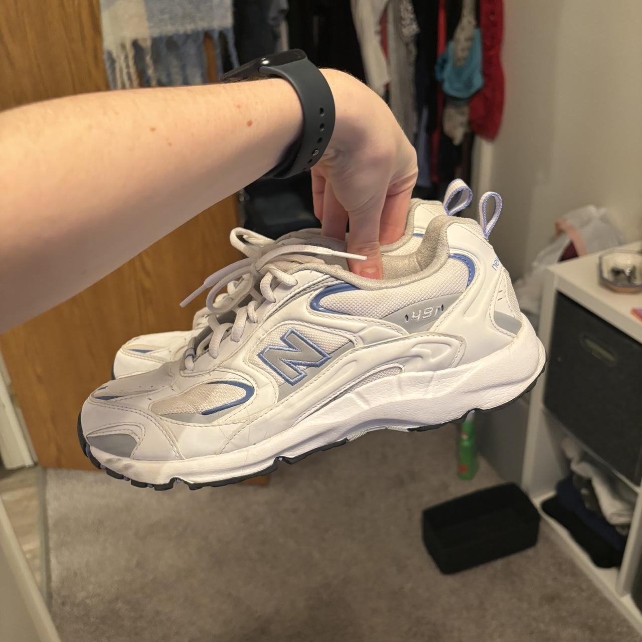 new balances white with silver and blue new balance... - Depop