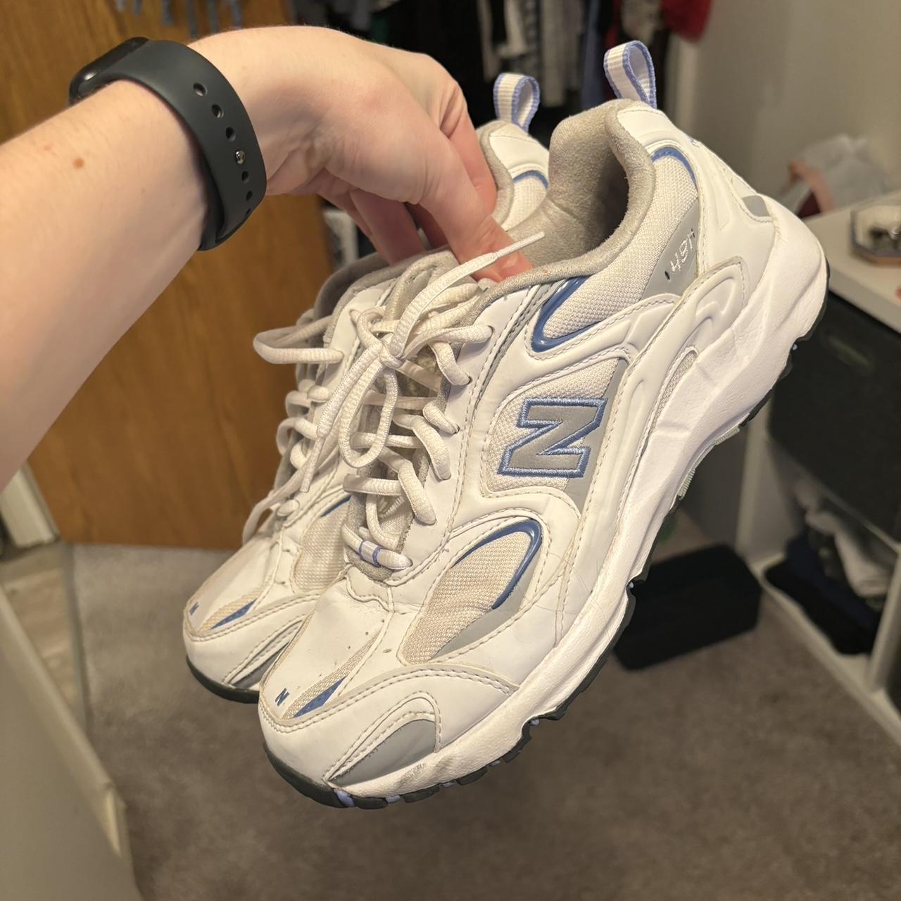 new balances white with silver and blue new balance... - Depop