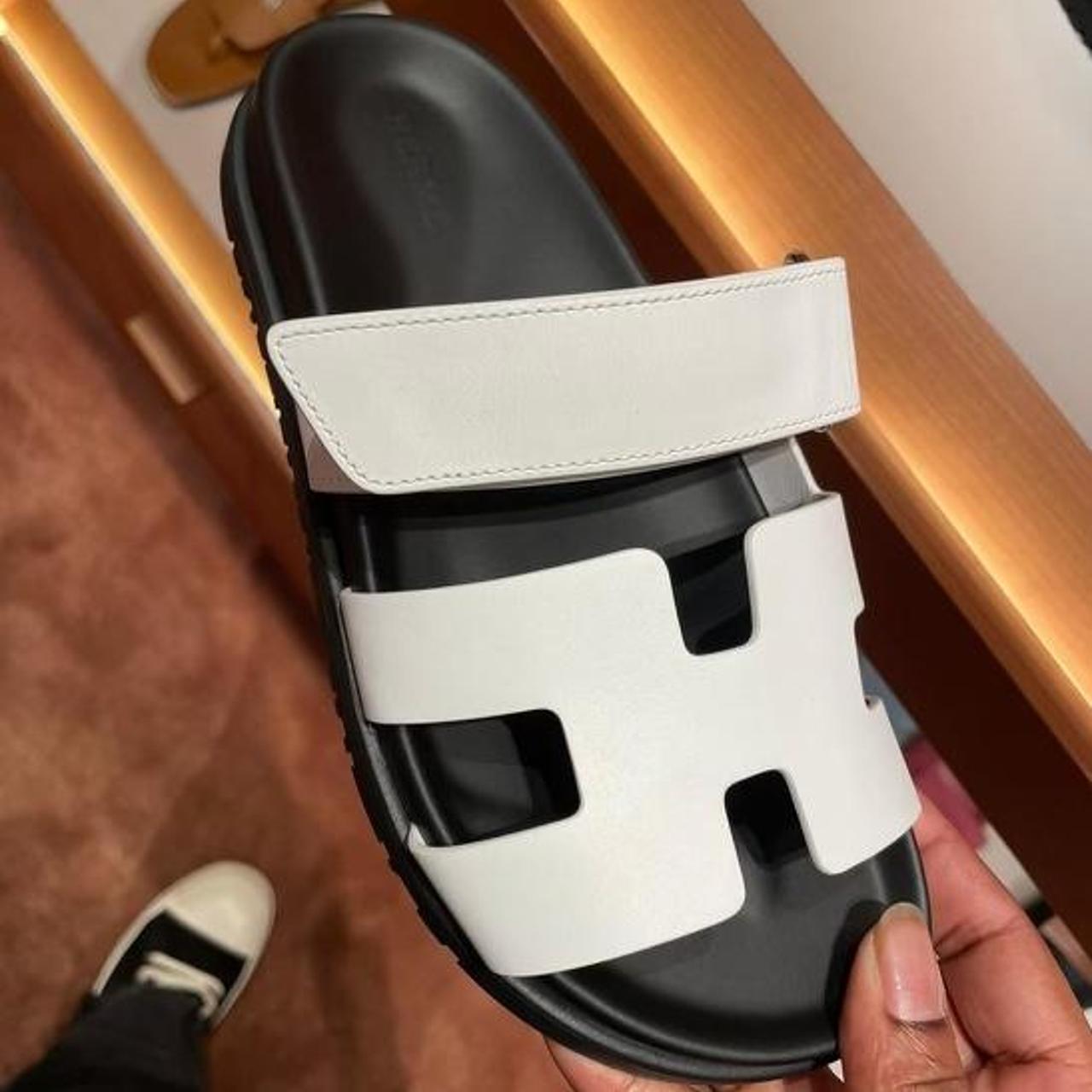 Hermes Women's Black and White Slides | Depop