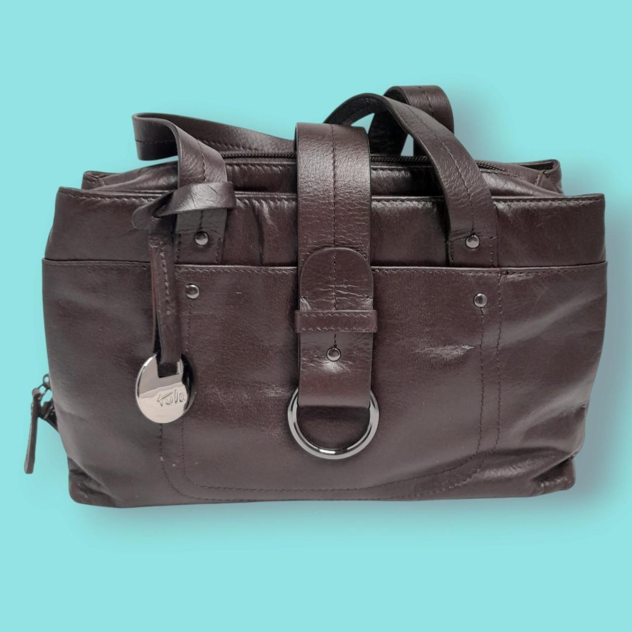 Tula Brown Leather Handbag Brown Leather Black tone... - Depop