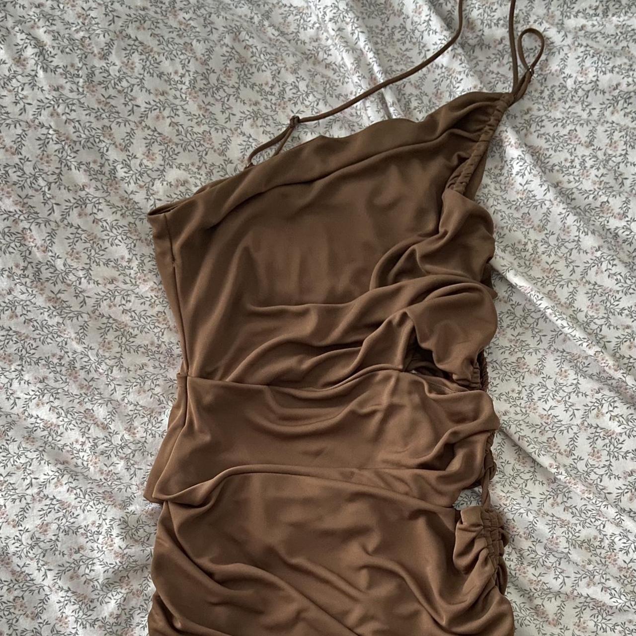 ZARA Brown One shoulder strap side ruched dress... - Depop