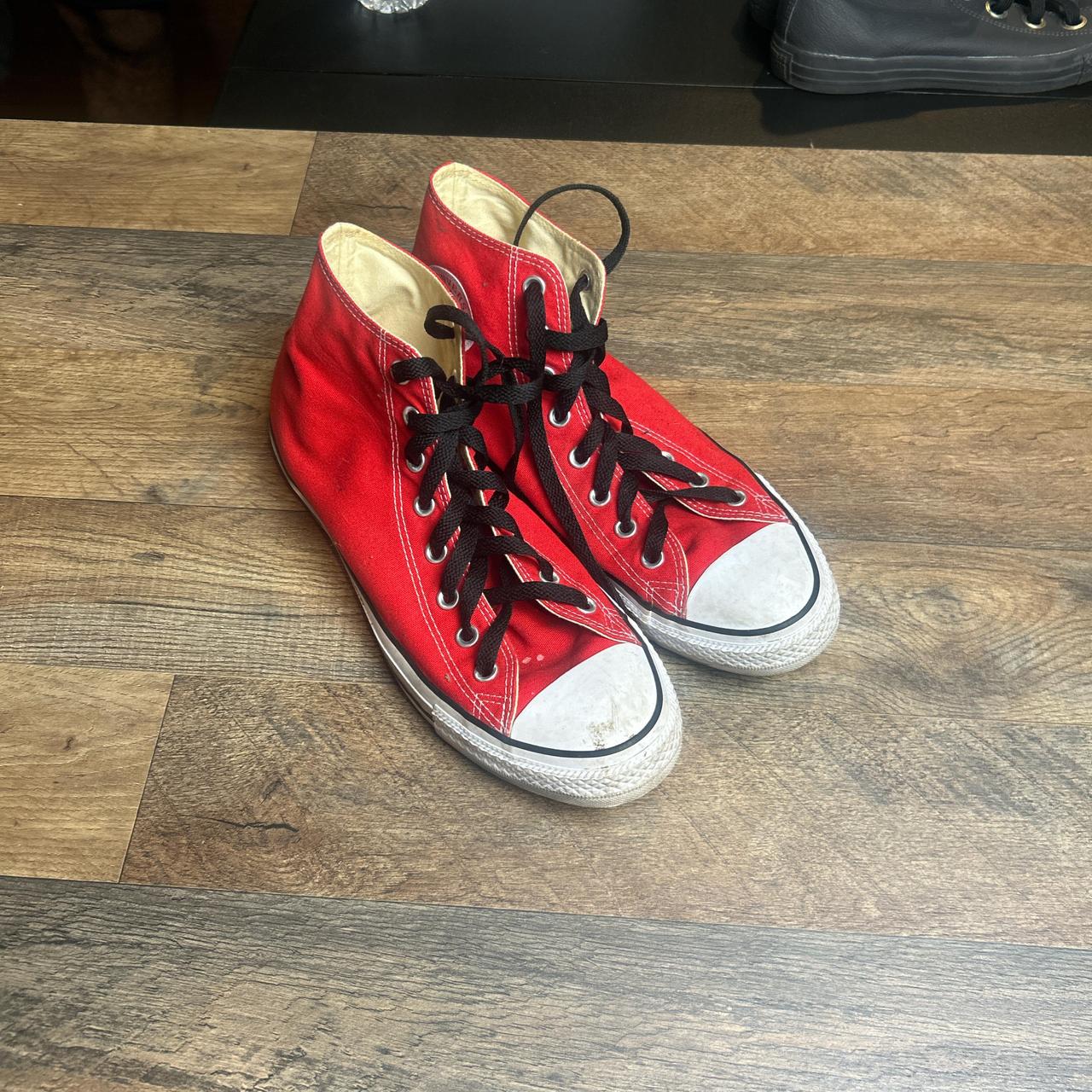 Red and white Converse high tops. Mens size 10... | Depop