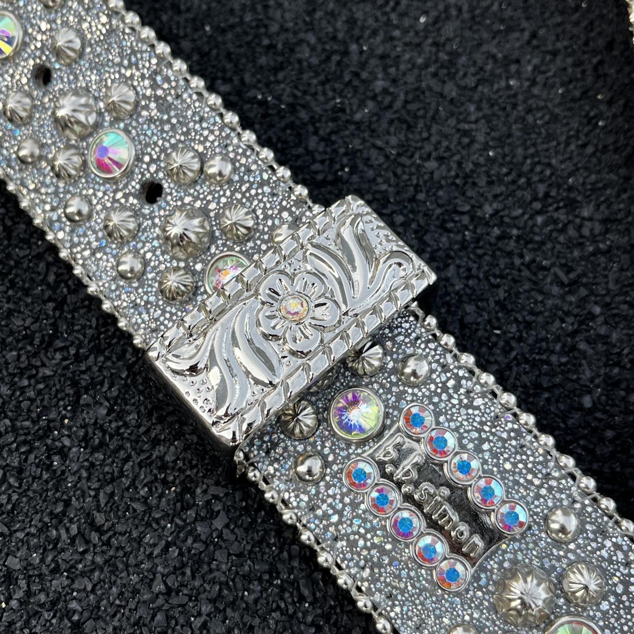 B.B. Simon Bedazzled Chrome Belt (unisex) Size 30”... - Depop