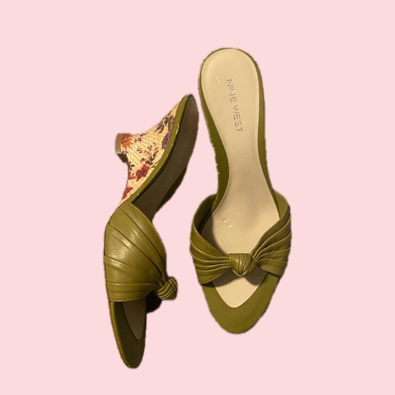 Olive green sandals with knot strap and floral straw... - Depop