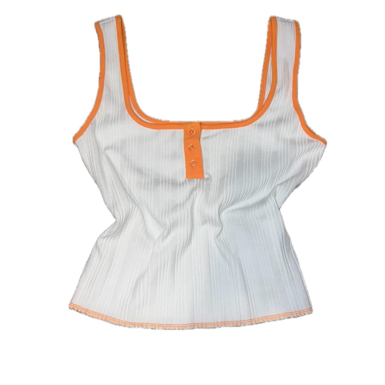 White and orange ribbed tank top with button detail... | Depop