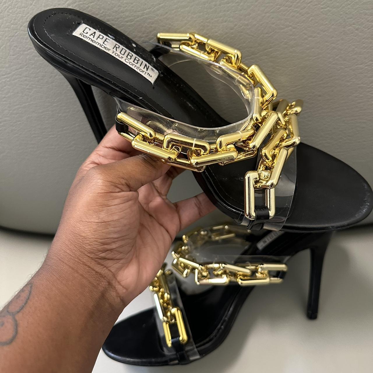 Black and Gold chain heels #blackheels - Depop