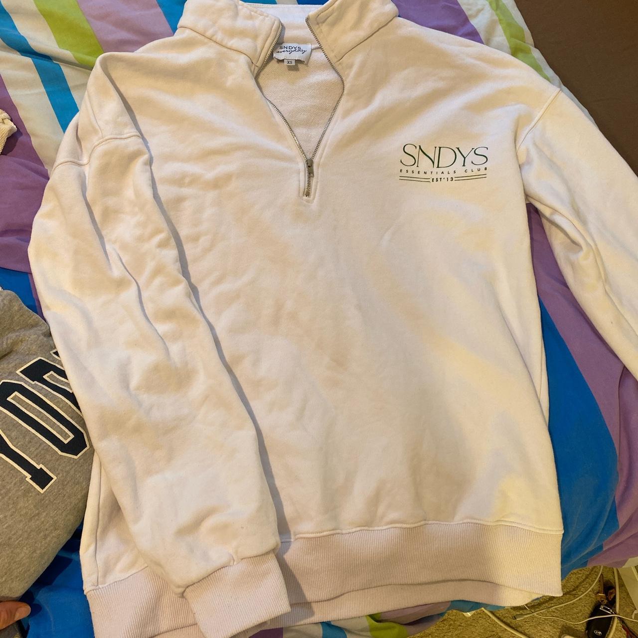 SNDYS quarter zip Sevens Sweater White Size... - Depop