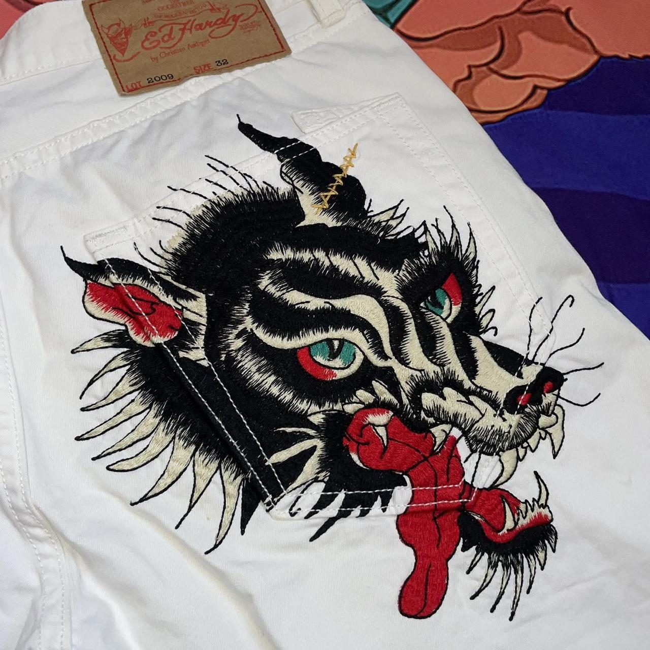 Ed Hardy The GODFATHER Wolf White Denim... - Depop