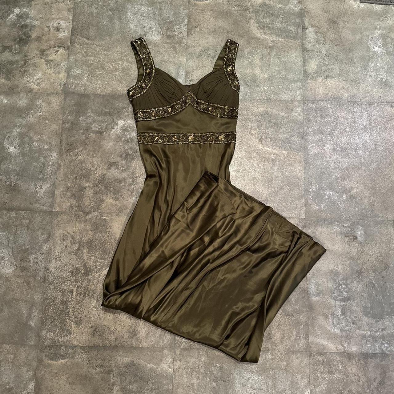 Olive green silk beaded cache dress Fairy prom... - Depop