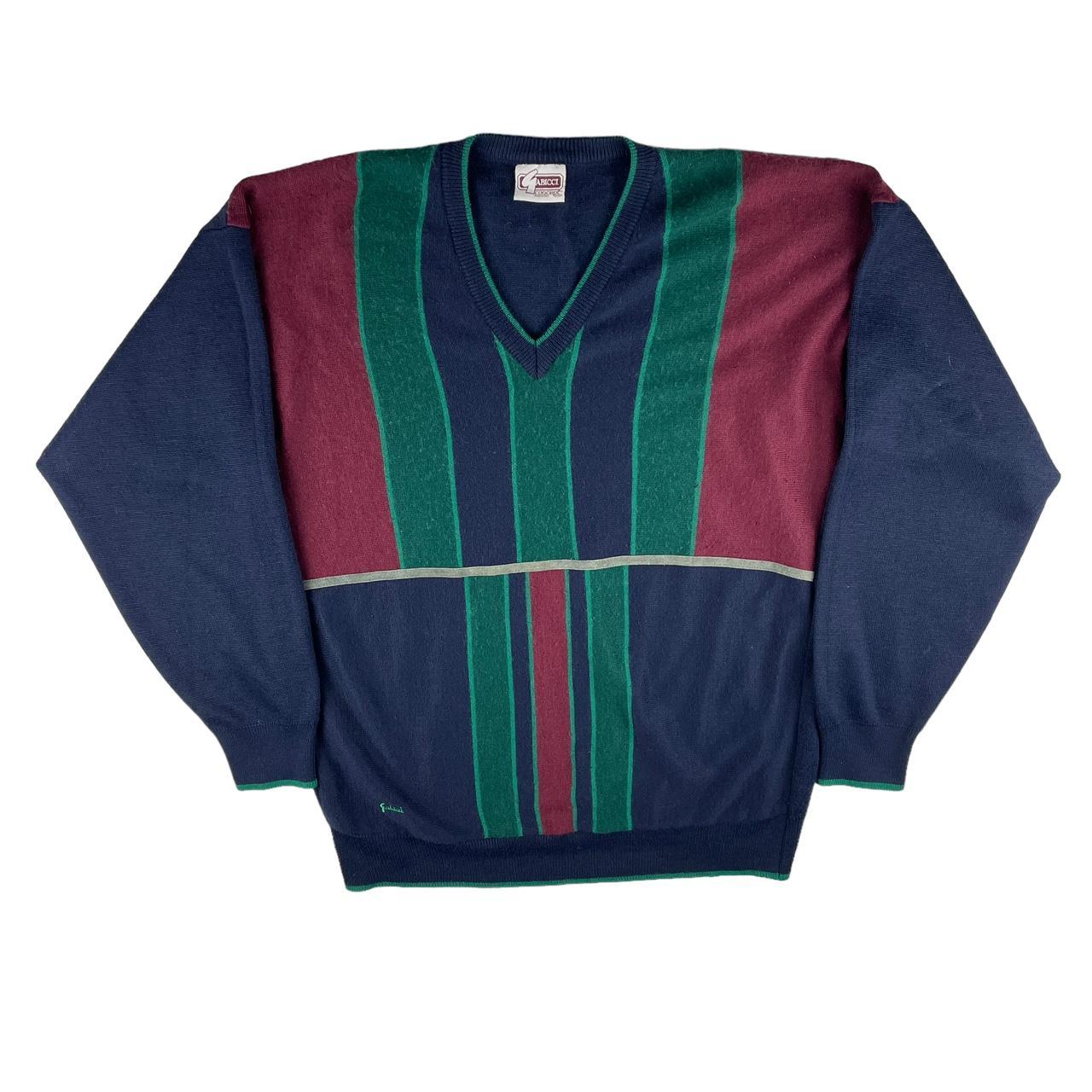 Italian Vintage Gabicci V Neck Patterned Jumper Navy... - Depop