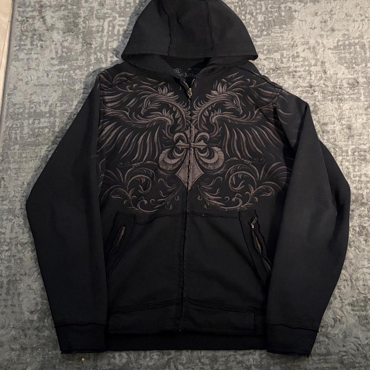 Rare Affliction Zip Up Crazy design and side/ back... | Depop