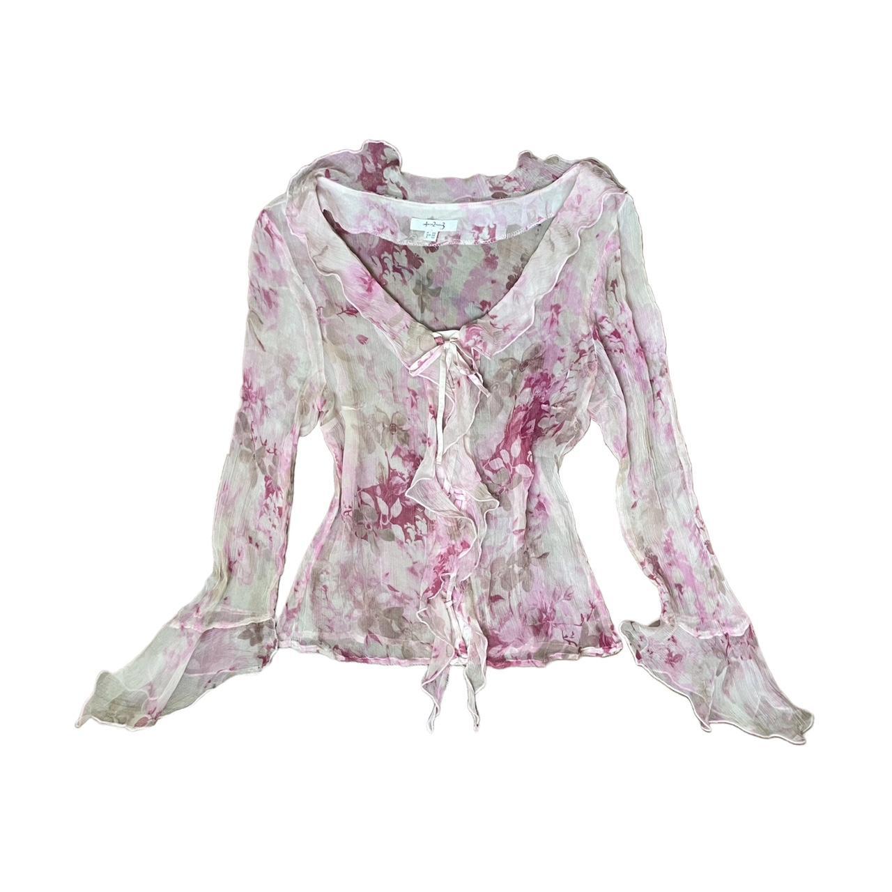 Vintage 2000s Mesh Sheer Floral Flare Sleeve Pink... - Depop