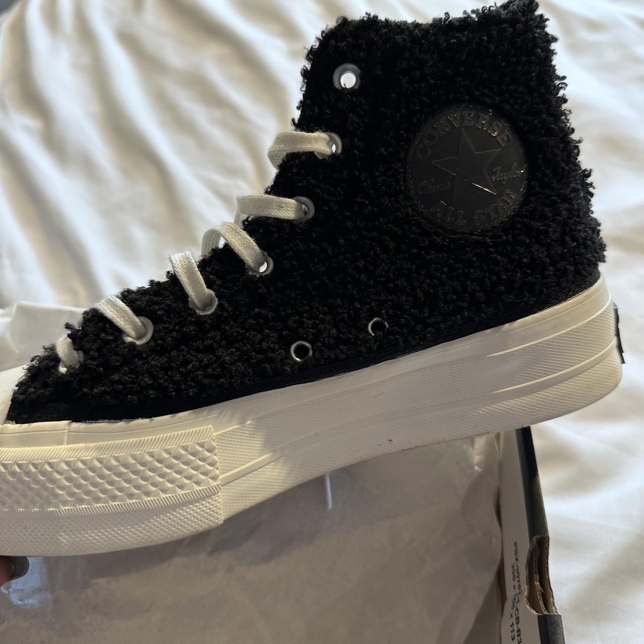 converse black fluffy platform high tops - Depop