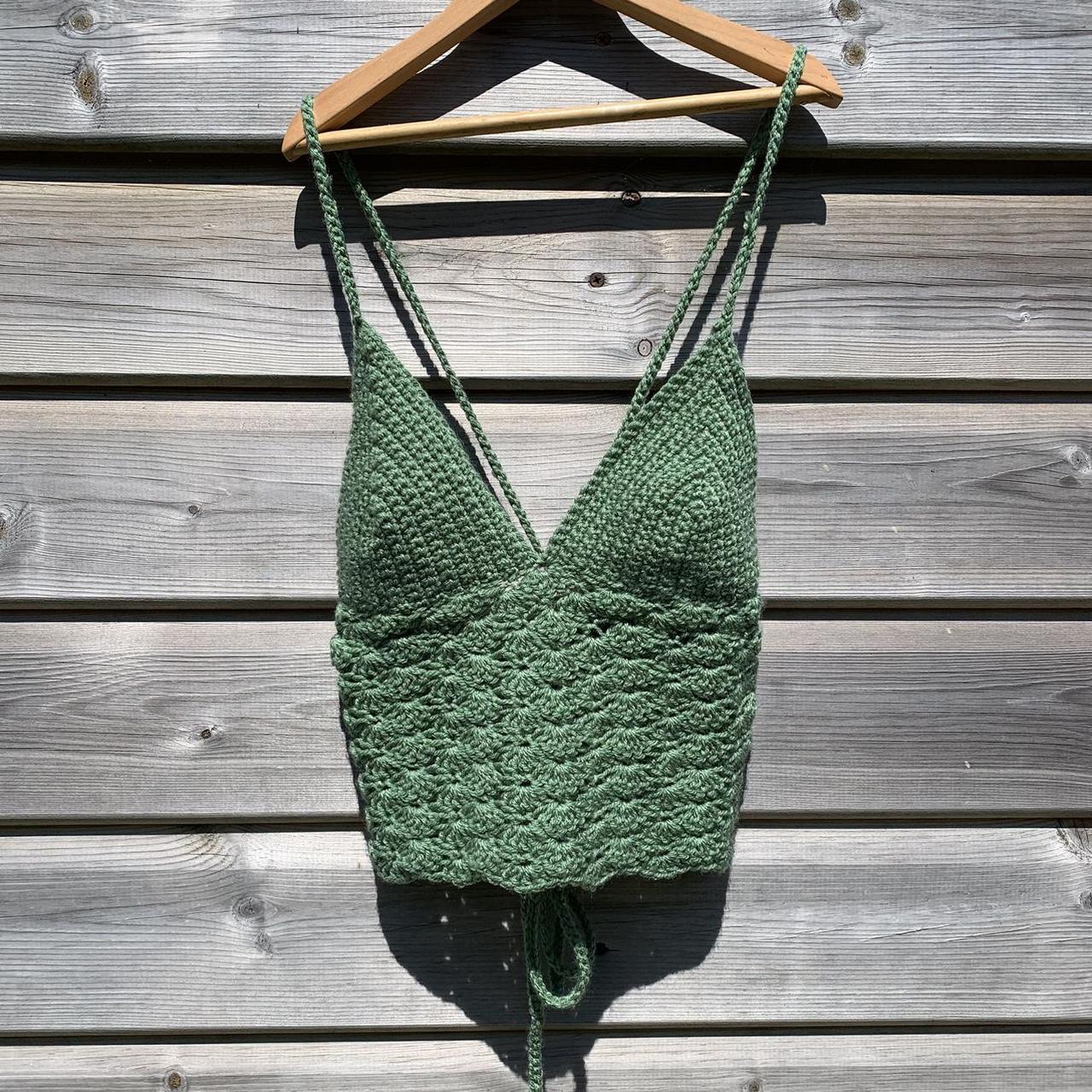 Sage green handmade crochet shell pattern bralette... - Depop