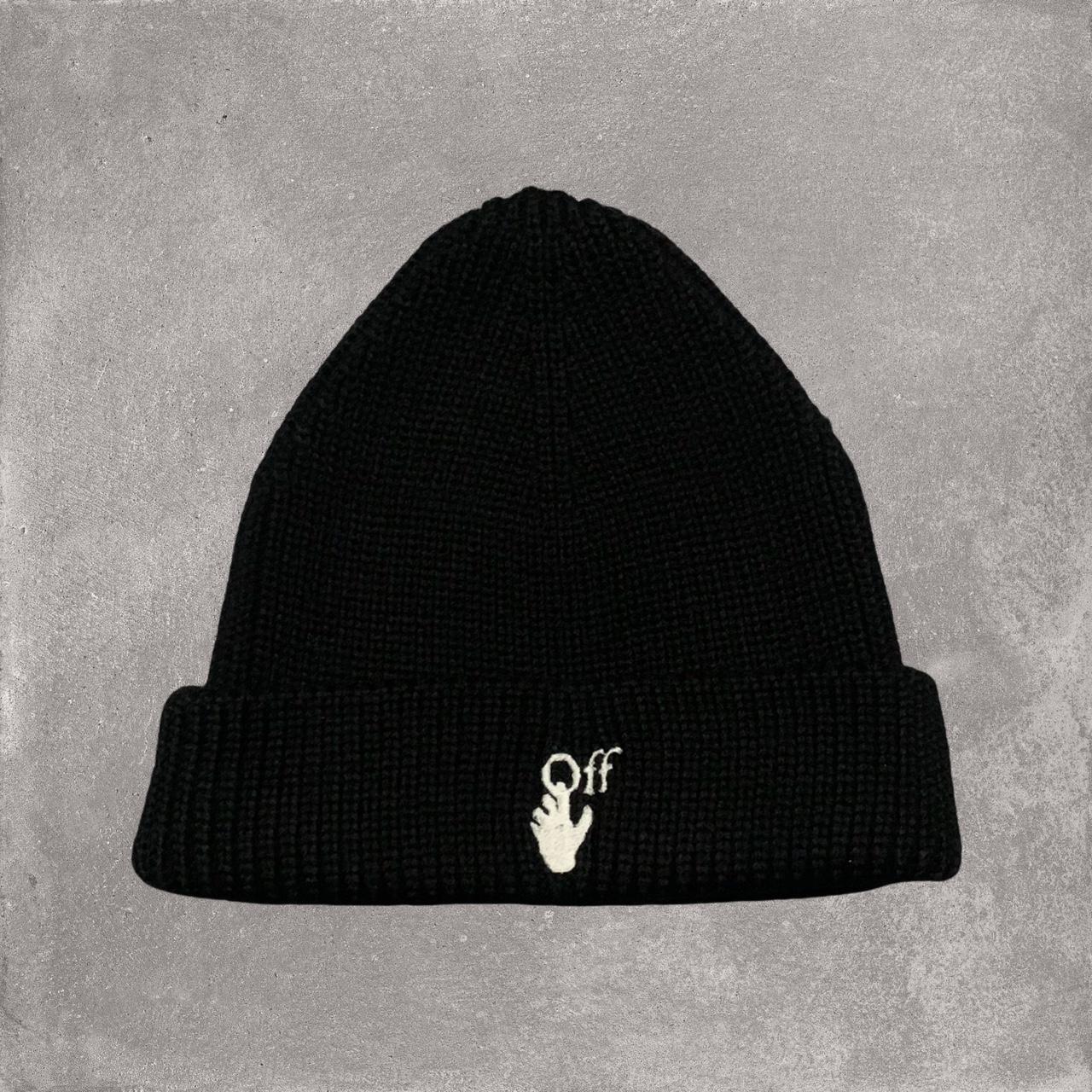 Off White Beanie Wool Hand Rib Black Hat Size:... - Depop